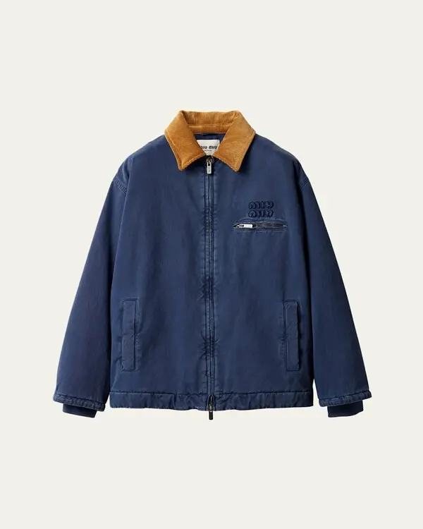 Miu Miu Blue Cotton Jacket With Embroidered Logo